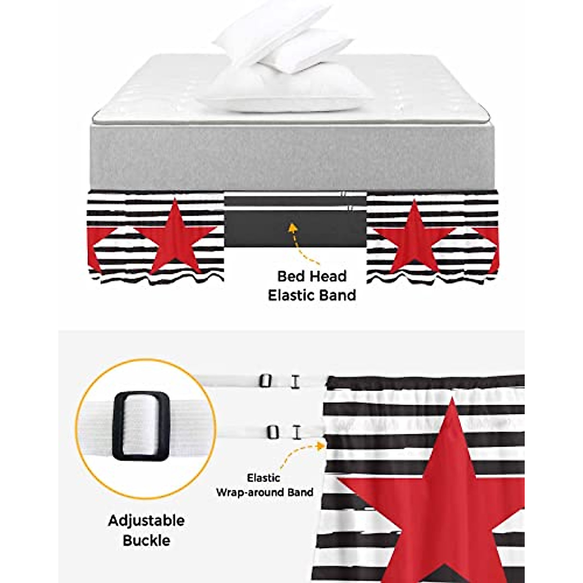 Independence Day Bed Skirt Cal King Size 18 Inch Drop, Adjustable & Elastic Wrap Around Bed Skirts Pleated Luxury Dust Ruffles for Twin Full Queen Cal King Base Bed, Red Stasr Black Stripes Farmhouse