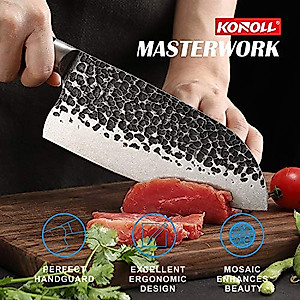 KONOLL Meat Cleaver 7 inch Forged Hammered Kitchen Knife German High Carbon Steel Chinese Knife with solid wood Handle，Butcher knives Vegetable Cutting Knife