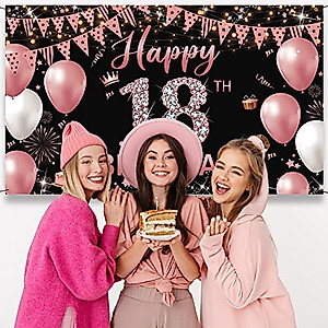 18th Birthday Decorations Backdrop Banner, Happy 18th Birthday Party Decorations for Girls, Rose Gold Birthday Photo Props Backdrop, 18 Year Old Birthday Party Sign Decor Fabric 6.1ft x 3.6ft PHXEY