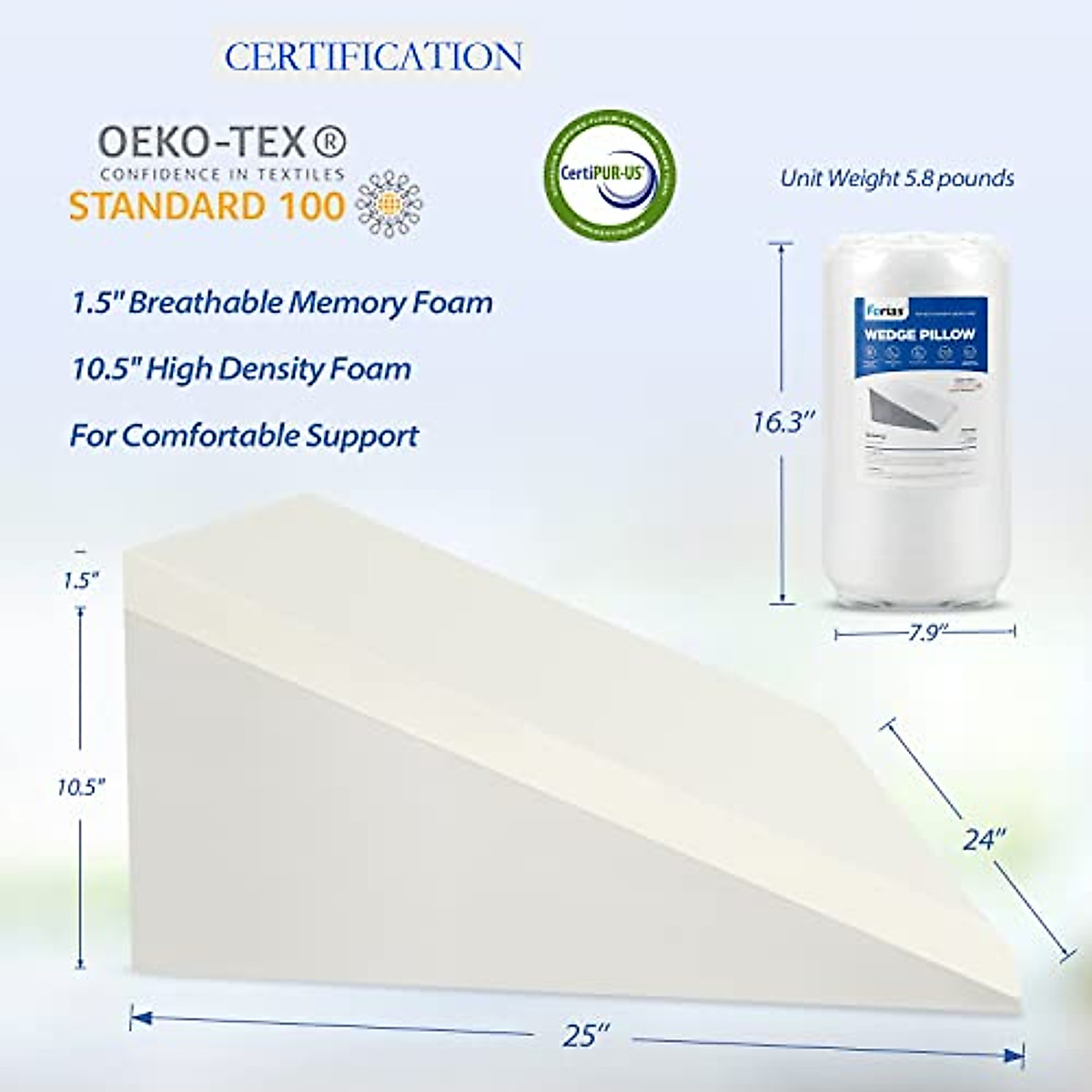 Forias Wedge Pillows 12" Bed Wedge Pillow for Sleeping Acid Reflux After Surgery Triangle Pillow Wedge for Sleeping Gerd Snoring, Air Layer Wedge Cover|Memory Foam Top