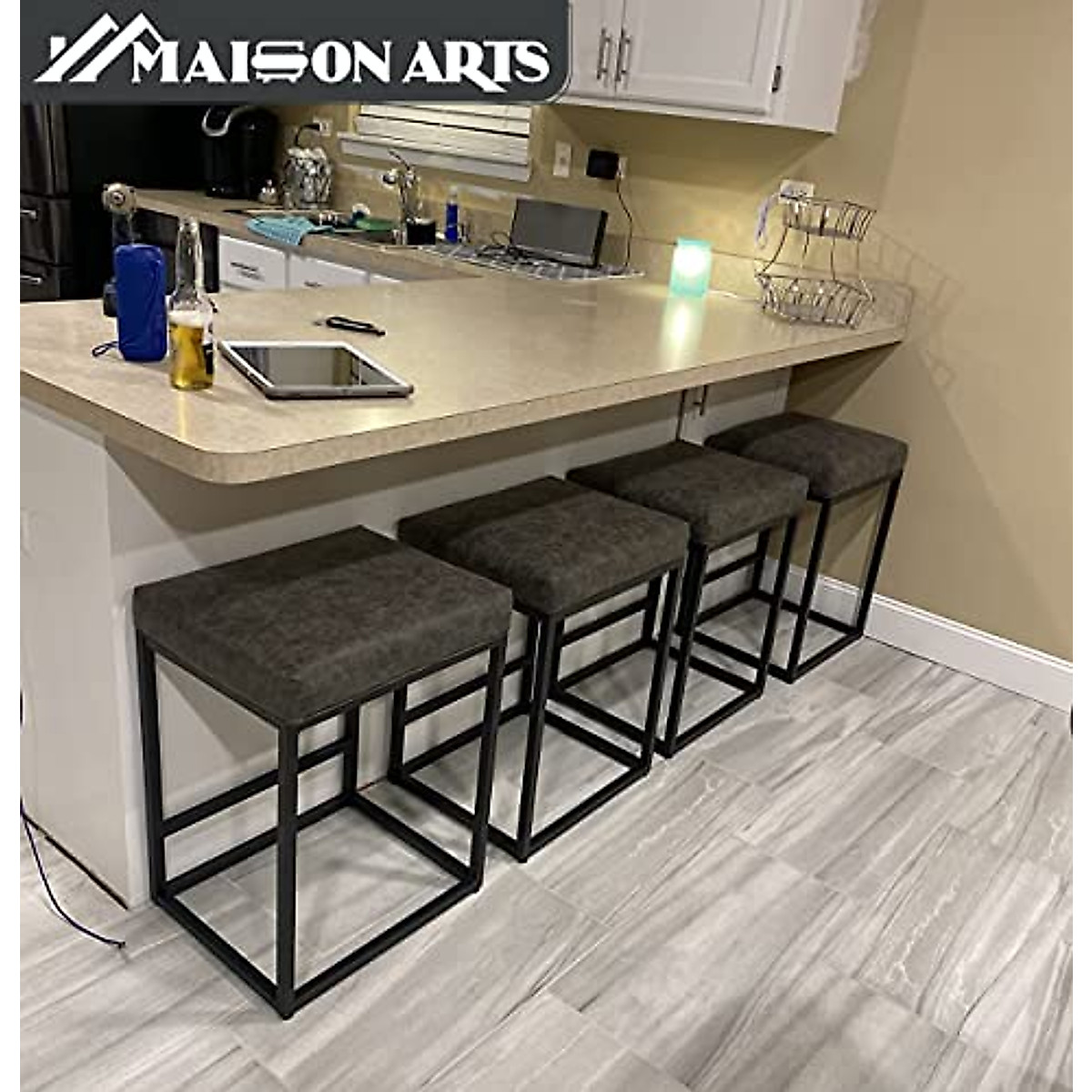 MAISON ARTS Counter Height 24" Bar Stools Set of 2 for Kitchen Counter Backless Modern Barstools Industrial Upholstered Faux Leather Stools Farmhouse Island Chairs,Support 330 LBS,(24 Inch, Grey)