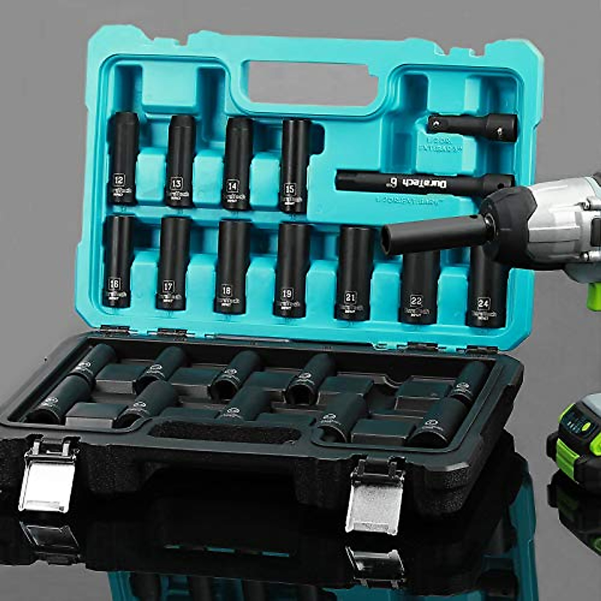 DURATECH 24-Piece Impact Socket Set, 1/2" Drive Deep Impact Socket Set with 2pcs 1/2-Inch Hexagon Extension Bars, Metric ＆ SAE, Hard Case Included