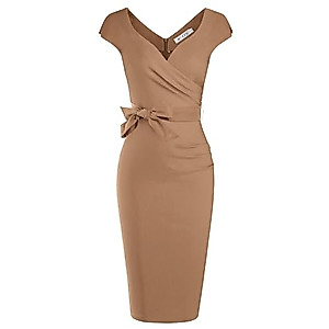 MUXXN Lady Summer Cut Out Neck Bowknot Tie Stretch Wear to Work Midi Dress (Camel XL)