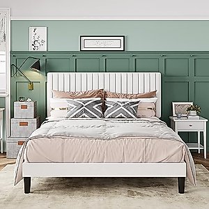 Allewie Full Bed Frame, Velvet Upholstered Platform Bed with Adjustable Vertical Channel Tufted Headboard, Mattress Foundation with Strong Wooden Slats, Box Spring Optional, Easy Assembly, Off-White