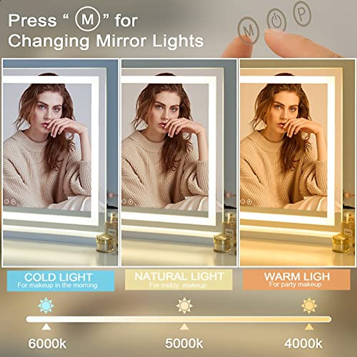 Sucedey Vanity Mirror with Lights, 23" x 18" Makeup Mirror, Hollywood Mirror with 3 Color Modes & Adjustable Brightness, Detachable 10x Magnification and USB Charging Design (White)