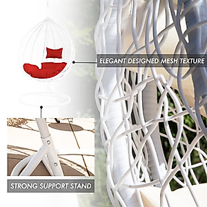 J.M.Deco Patio Swing Chair with Stand, Egg Chair with Support Frame, Hammock Chair Swing Wicker Plastic for Indoor, Outdoor, Garden, Backyard & Patio (White+Red)