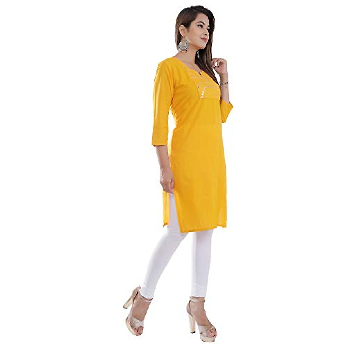 Ramkudi Indian Women's Plain Embroiderd Cotton Straight Kurti Top (Yellow)