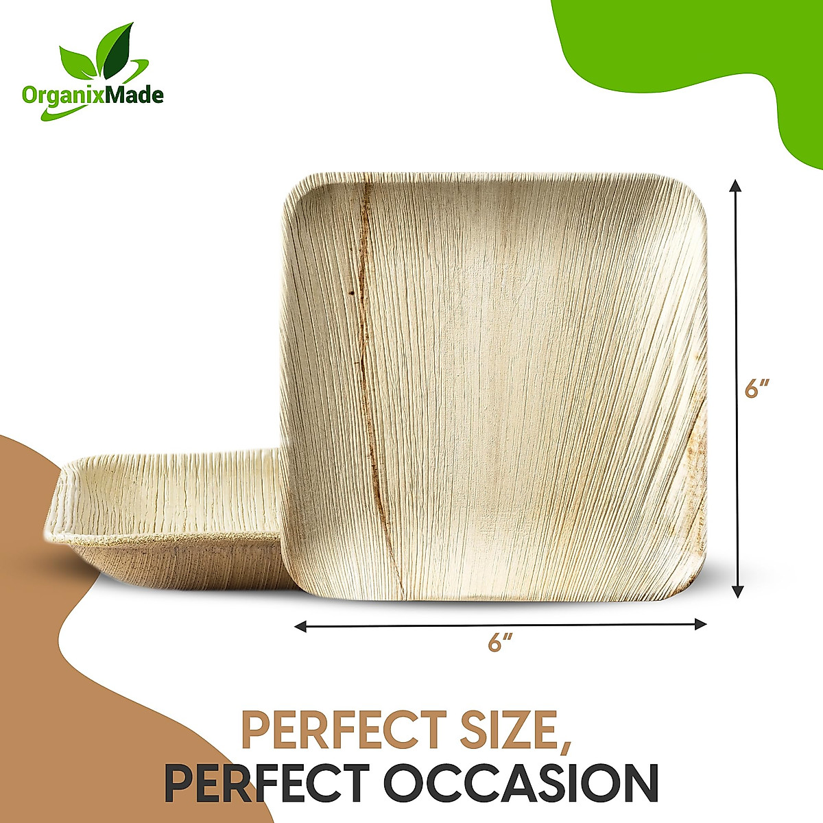 Organix Made - Disposable Palm Leaf Bamboo Plates, 6 Inch Square (50 Plates) - Appetizer and Dessert Dinnerware Plates - Biodegradable, Compostable, & Eco-Friendly Plates - Light & Sturdy