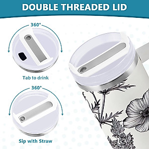 KEEPREAL 40 oz Black and White Flowers Tumbler with Handle, Insulated Sports Water Bottle with Lid and Straw, Thermal Stainless Steel Travel Coffee Mug Cup #230