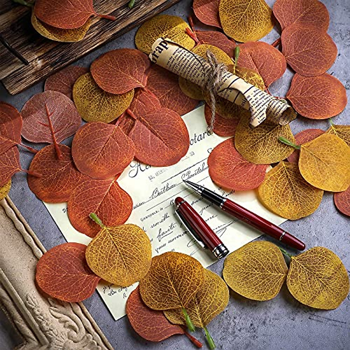 WILLBOND 400 Pieces Eucalyptus Leaves Artificial Eucalyptus Petals Fake Leaves for DIY Wedding Bouquet Party Garden Cake Table Decoration (Rusty Red and Fall Coffee)