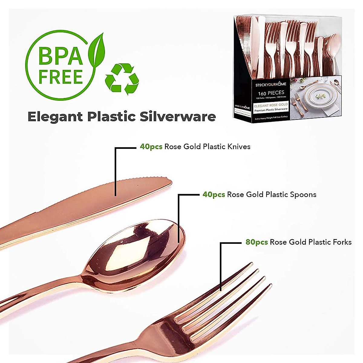 Rose Gold Plastic Silverware Set (160 Bulk Pack) Disposable Cutlery Utensils, 80 Forks, 40 Knives, 40 Spoons, Heavy Duty Rose Gold Flatware For Holidays, Parties, Dinners, Weddings, and Occasions