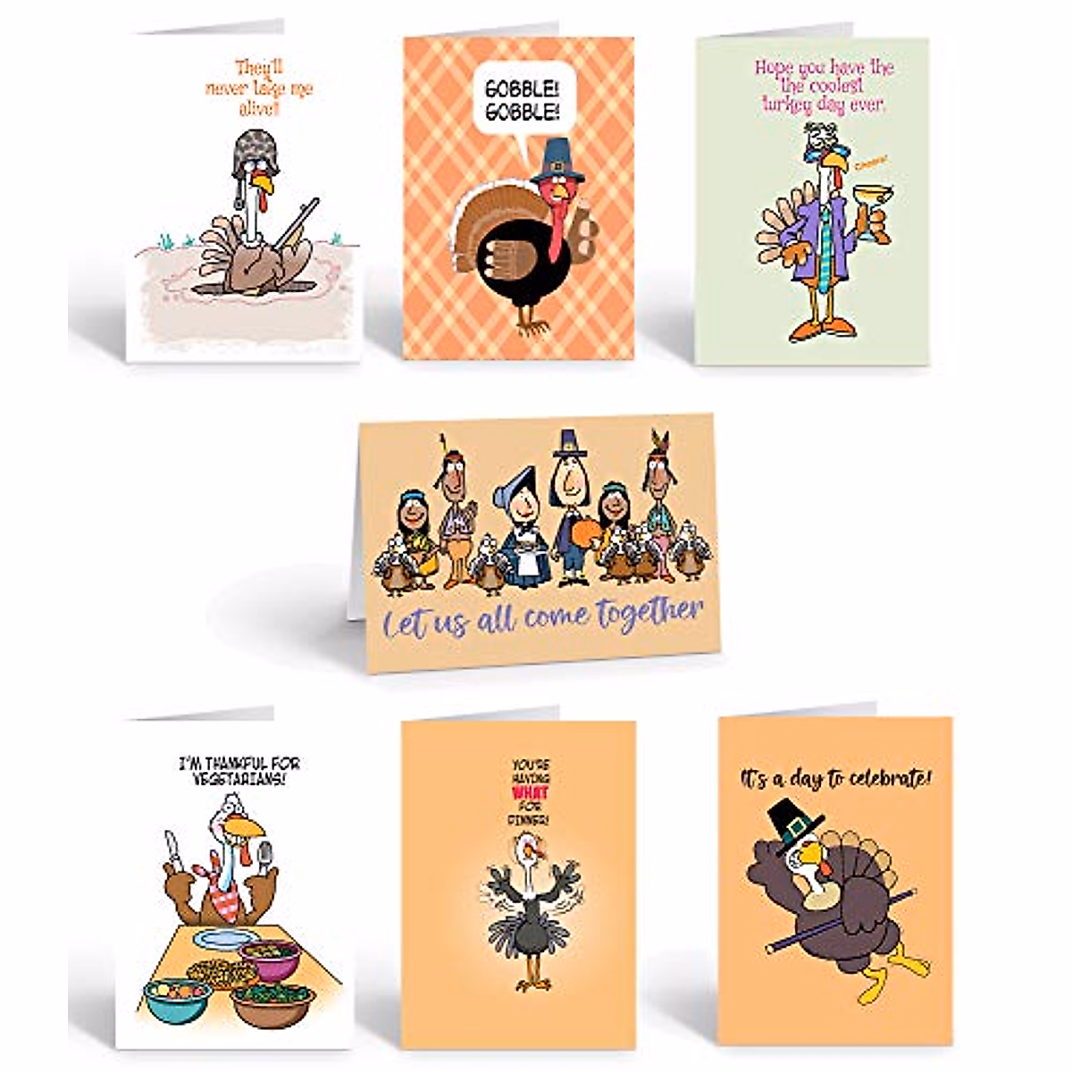 Stonehouse Collection Thanksgiving Cards (Funny Assortment) - Set of 14 Boxed Cards & White Envelopes, 4.5x6.25 Folded Greeting Card w/ 7 Unique Designs, Funny Thanksgiving Cards for Family & Friends