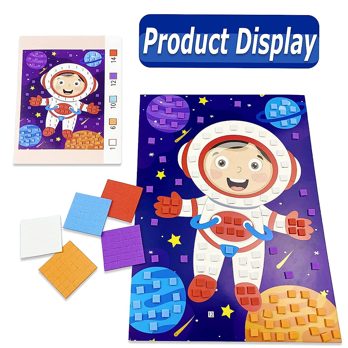 LZHZH Mosaic Sticker Art Sticky DIY Handmade Art Kits for Kids-Sunflower, Butterfly, Sailboat, Woodpecker, Hot air Balloon, Airplane Astronaut, Rocket, Spaceship, Alien, Space Station, Robot (12PCS)