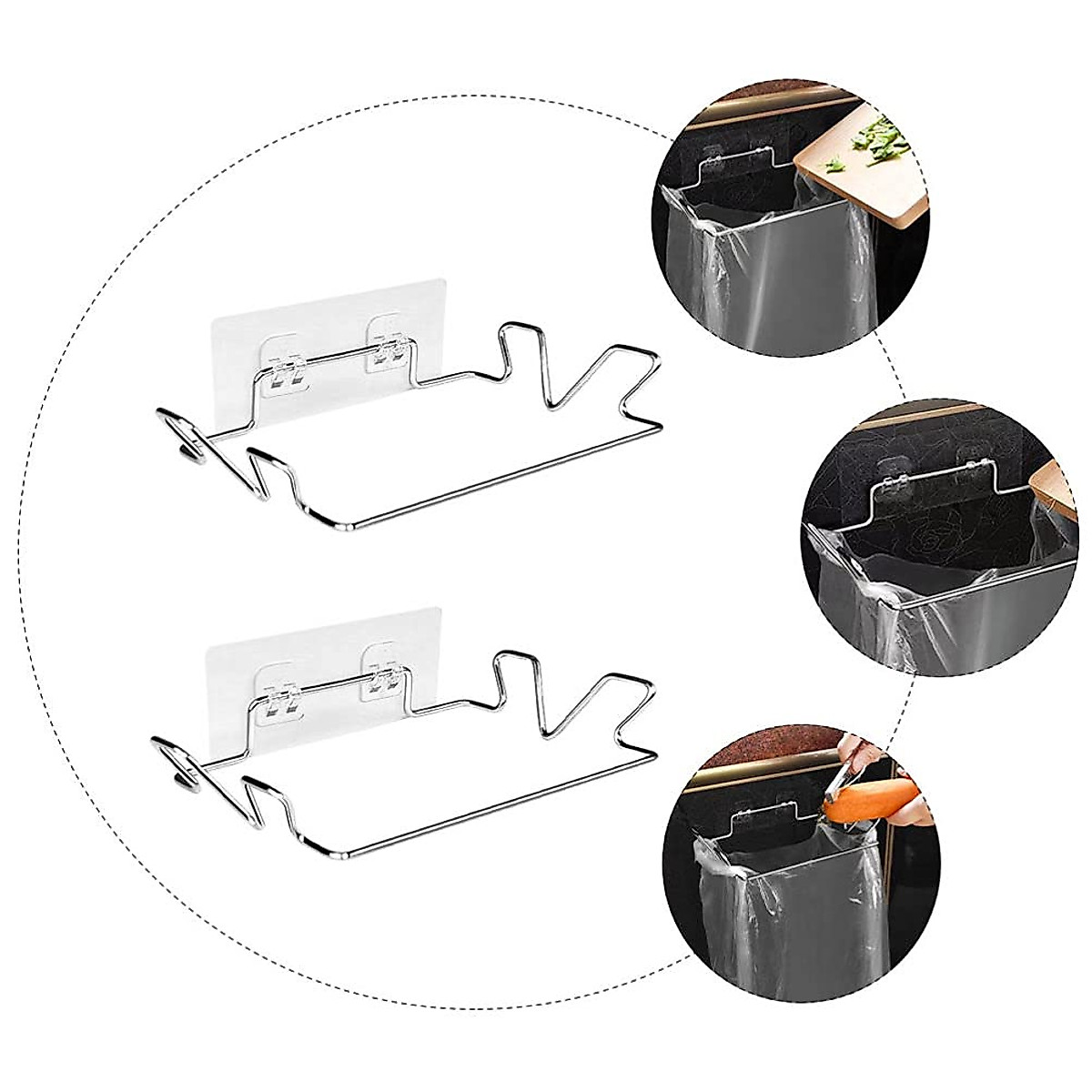 Cabilock 2 Sets Stainless Steel Trash Bag Holder Steel Over The Cabinet Rack Under Sink Garbage Bag Hook for Kitchen Pantry Bathroom Dorm Room Office