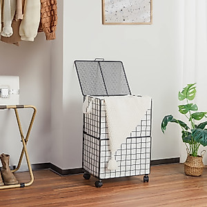 ELYKEN 2 Pack Laundry Hamper with Lid and Wheel, Rolling Metal Wire Frame Dirty Clothes Basket for Small Bathroom, 61L Capacity Liner Bag with Handle, Heavy Duty Steel Cover Bedroom Organizer White