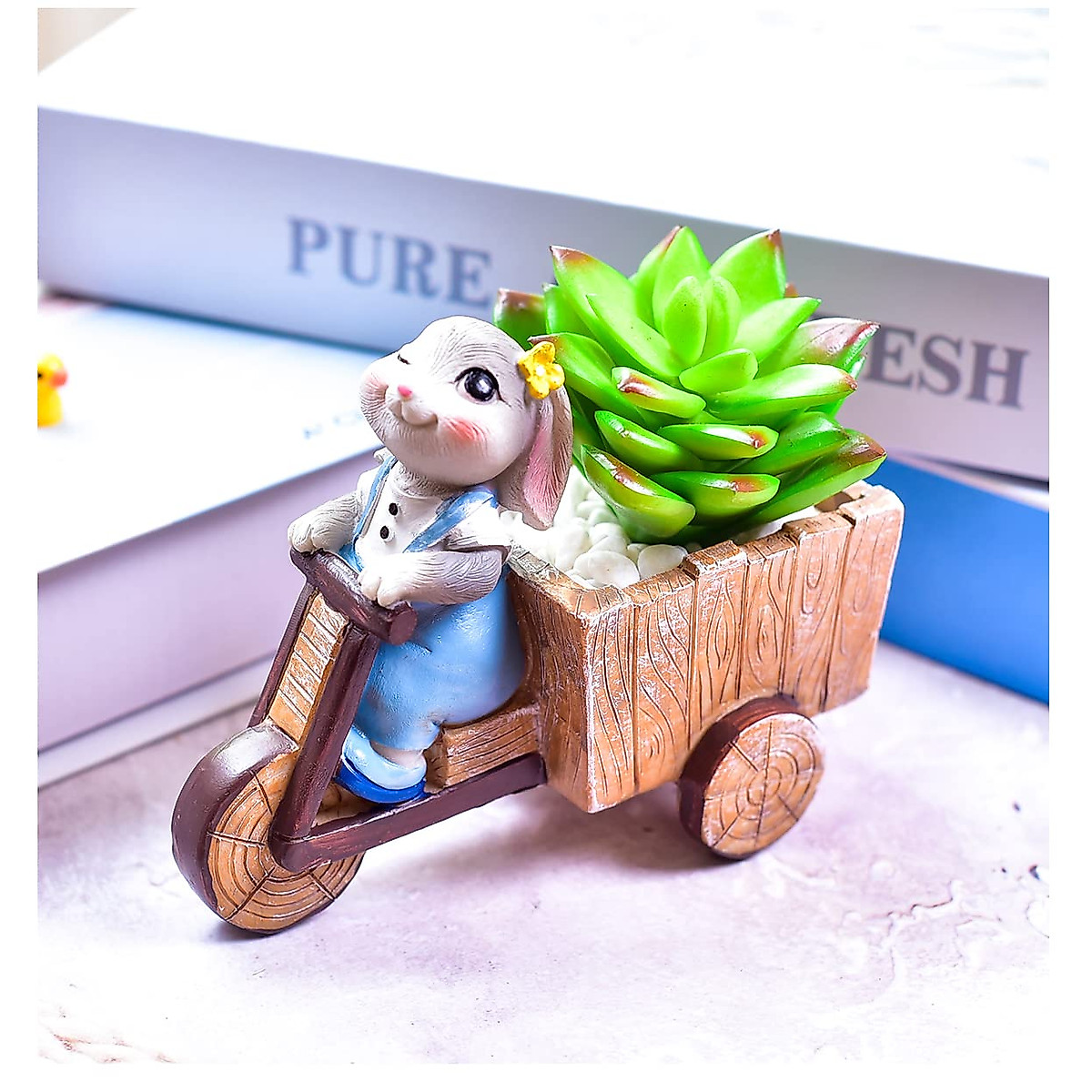 Cute Little White Rabbit Cycling Flower Pot with Drainer Garden Flower Pot Resin Succulent Potted Bonsai Plant Stand Home Desk Mini Ornaments Without Plants