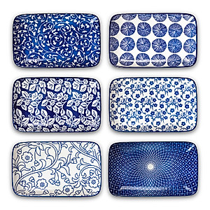 Selamica Ceramic 9.5 Inch Large Rectangular Salad Plates, Dinner Plates, Pasta Dessert Plates Serving Platters and Trays for Appetizer, Sushi, Fruit, Set of 6, Vintage Blue