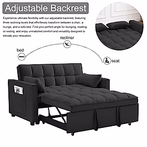 howcool 3 in 1 Convertible Sleeper Futon Sofa Bed with 2 Toss Pillows, 55 Inch Modern Velvet Small Loveseat Lounge Couch w/Reclining Backrest&Side Pockets for Living Room, Pull-Out Design, Pure Black