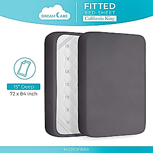 DREAMCAREFitted Sheet - Fits up to 15 inch Mattress - Deep Pocket Cal King Sheets - Hotel Luxury - Shrinkage & Fade Resistant - 1 Fitted Sheet Only (Grey)