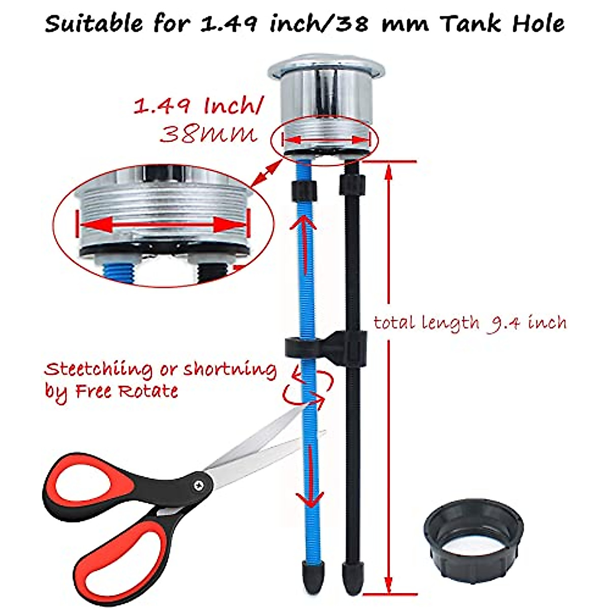 Teaayako Toilet Push Button 38mm Thread Diameter Dual Push Flushing Button Adjustable Toilet Water Tank Button,Black