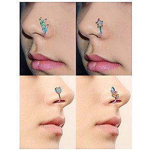 Vsnnsns Fake Nose Ring Stud Stainless Steel 20G Faux Septum Nose Piercing Jewelry Clip On Nose Ring Cuffs Non Piercing Nose Hoop Ring for Women Men 9pcs Rainbow