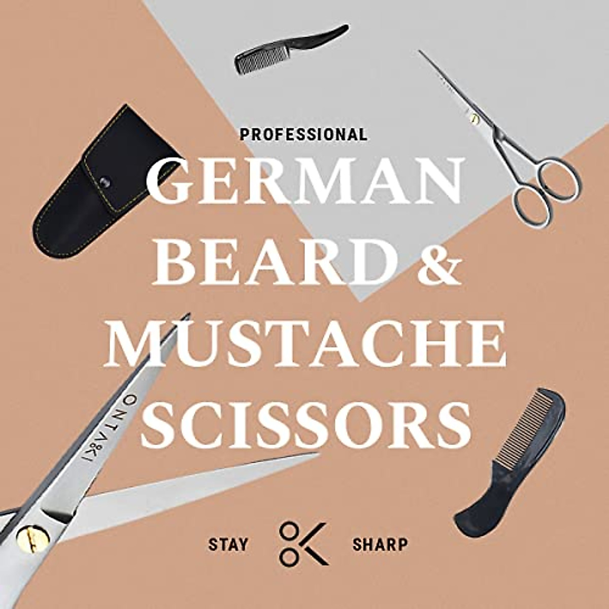 ONTAKI 5" Professional German Steel Beard & Mustache Barber Scissors - 2 Comb & Carrying Pouch - Hand Forged With Bevel Edge For men - Men’s Facial Hair Grooming Kit Body or Facial Hair (Silver)