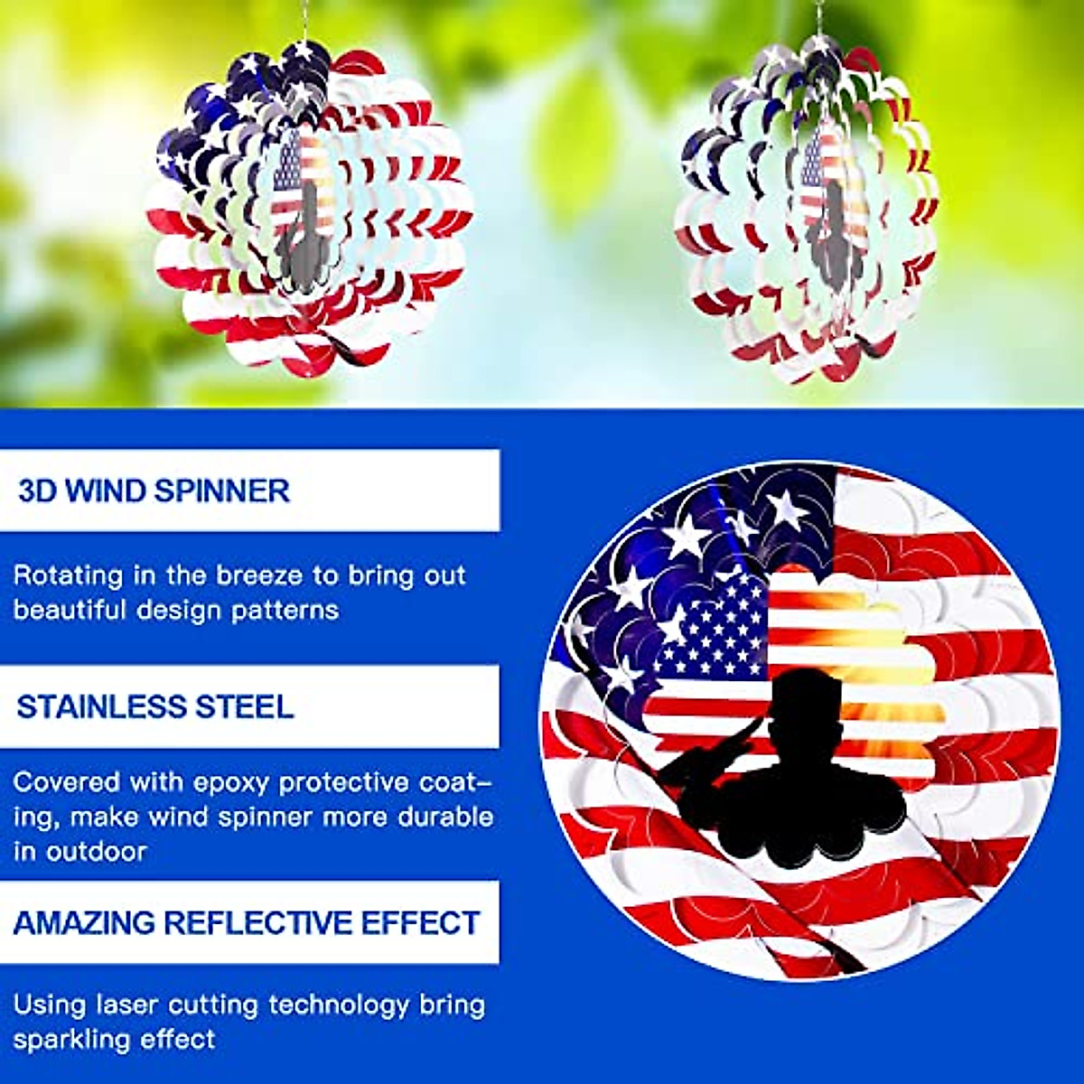 Metal Wind Spinners - 3D Patriotic Wind Spinner for Yard and Garden Kinetic Wind Sculpture American Flag Spinner Hanging Decor 12in Wind Catchers & Spinners Outdoor Art Ornaments Gifts