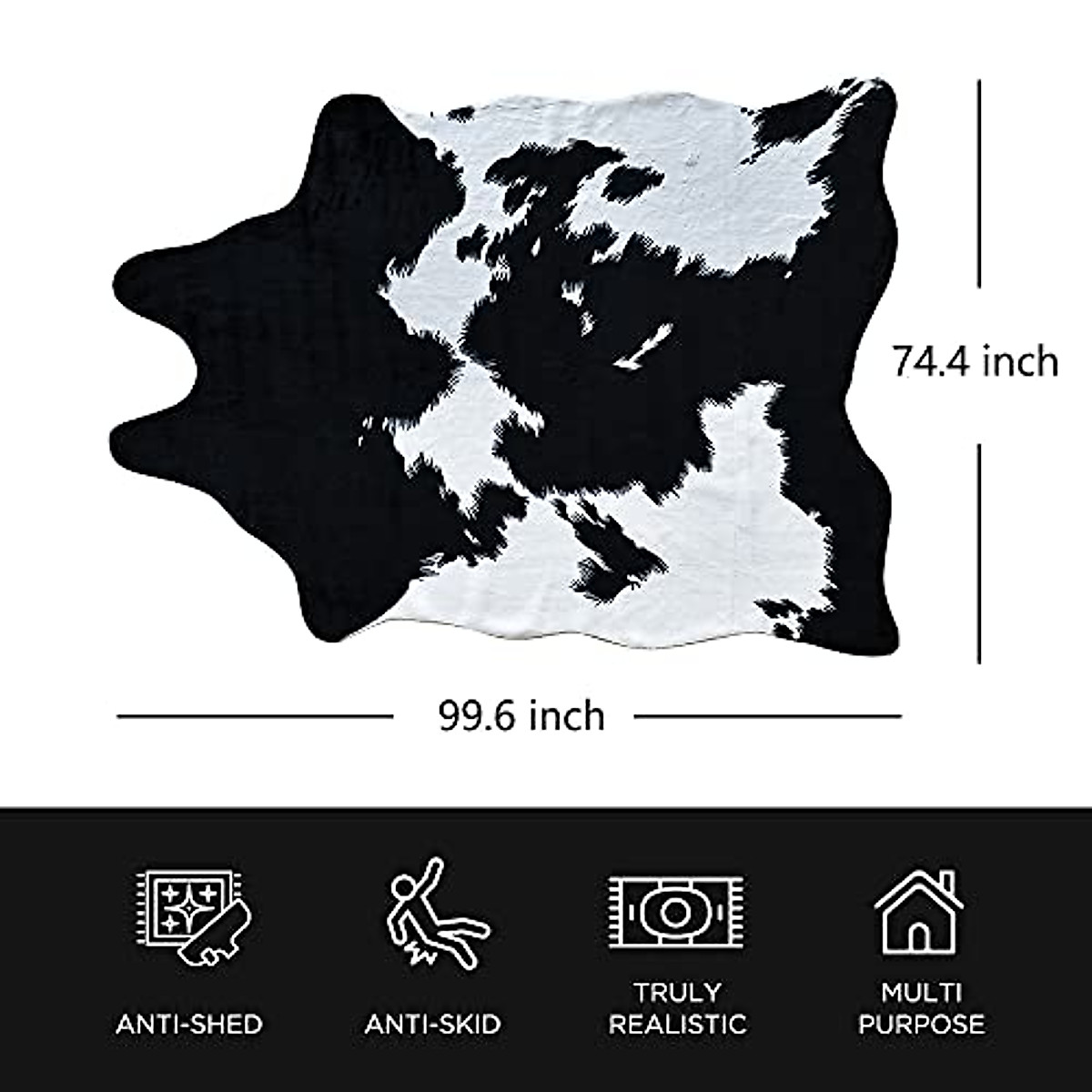 rugoo Black Faux Cowhide Rug 8.3 ft x 6.2 ft Cow Print Rug Faux Animal Skin Rug for Living Room Bedroom Nursery