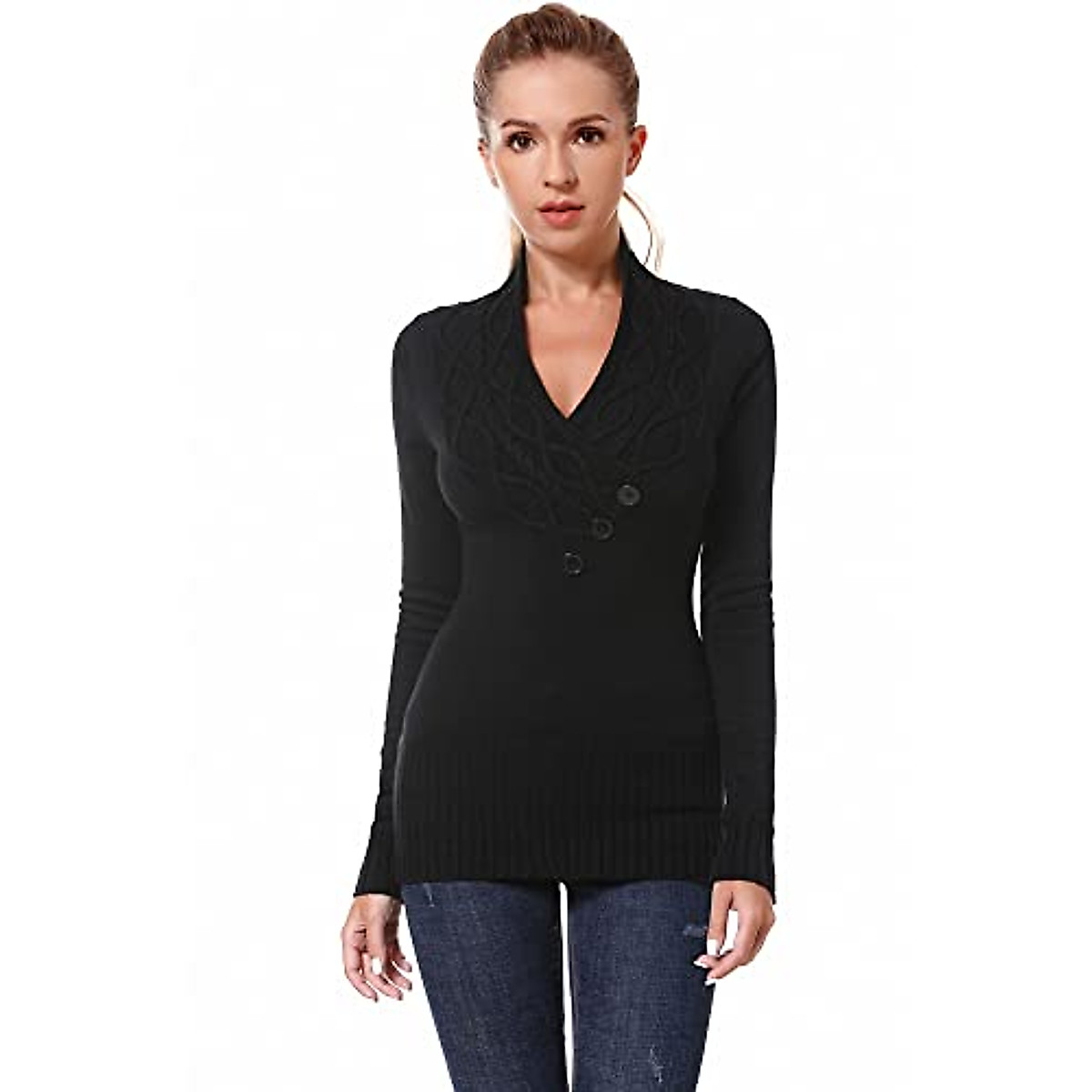 AmélieBoutik Women Crossover Cable Knit V Neck Long Sleeve Pullover Sweater (Black Medium)