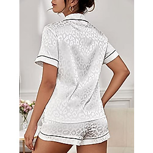 Romwe Women's 2 Piece Satin Pajama Set Short Sleeve Button Down Shirt and Shorts Sleepwear Leopard White XL