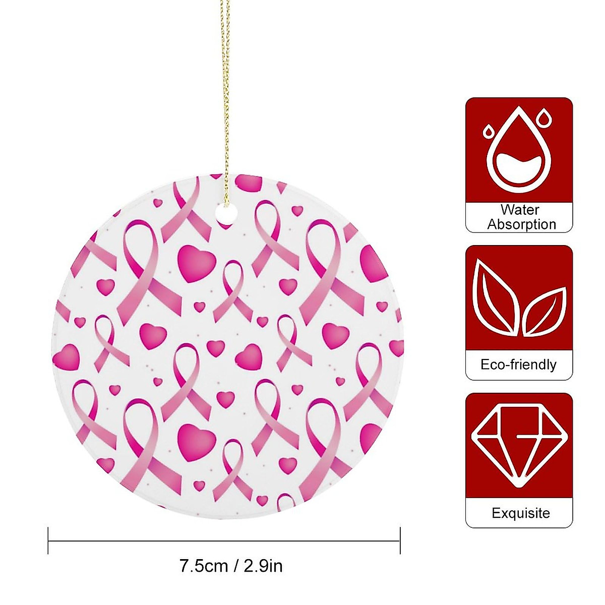 Breast Cancer Pink Ribbon Christmas Decorations Round Ceramic Hanging Ornament Xmas Decor for Christmas Tree Party