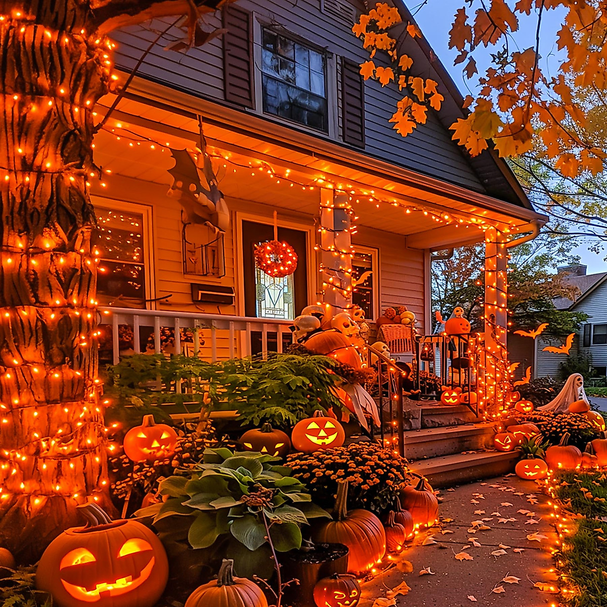 JMEXSUSS 2 Pack Orange Solar Halloween Lights, Total 400 LED 151FT Solar String Lights Outdoor Waterproof, 8 Modes Halloween Lights for Outside Tree Patio Yard Garden Halloween Decorations