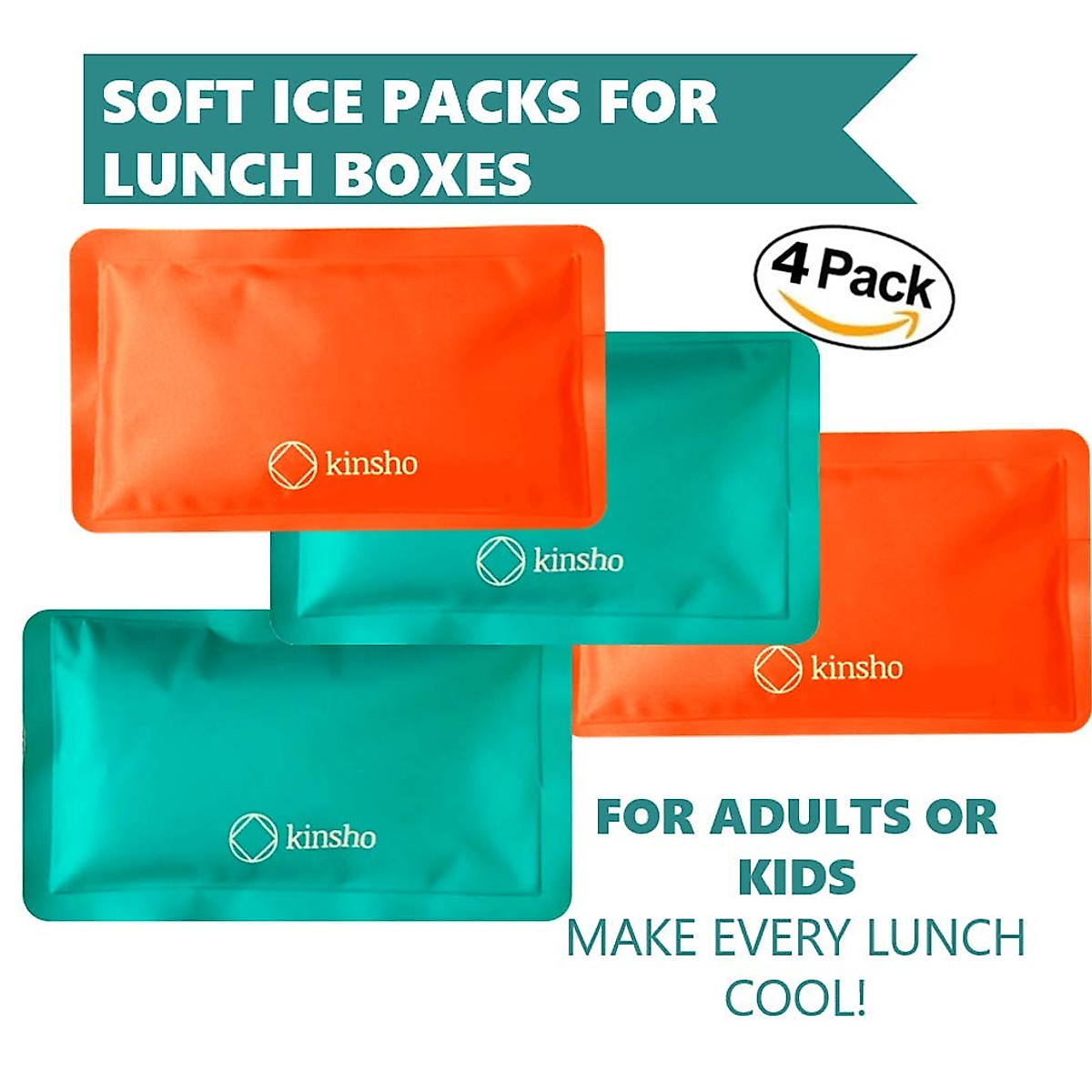 kinsho Ice Pack for Kids Lunch Box, Bag and Bento Boxes, 4 Pack Set, Reusable and Refreezable Soft Slim Pouches for Travel, School, Work or Camping, Long Lasting Cold, Flexible | Aqua Orange…