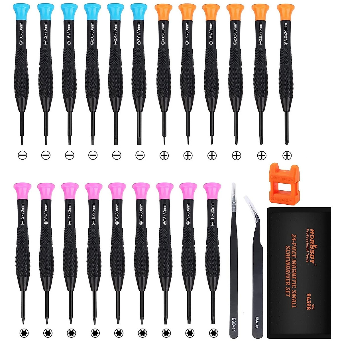 HORUSDY Mini Screwdriver Set, Set of 24 Pieces Magnetic Small Phillips/Slotted/Torx Star Screwdrivers, Precision Screwdriver Set for Repairing Eyeglass Phone Watch, Orange, Blue, Pink