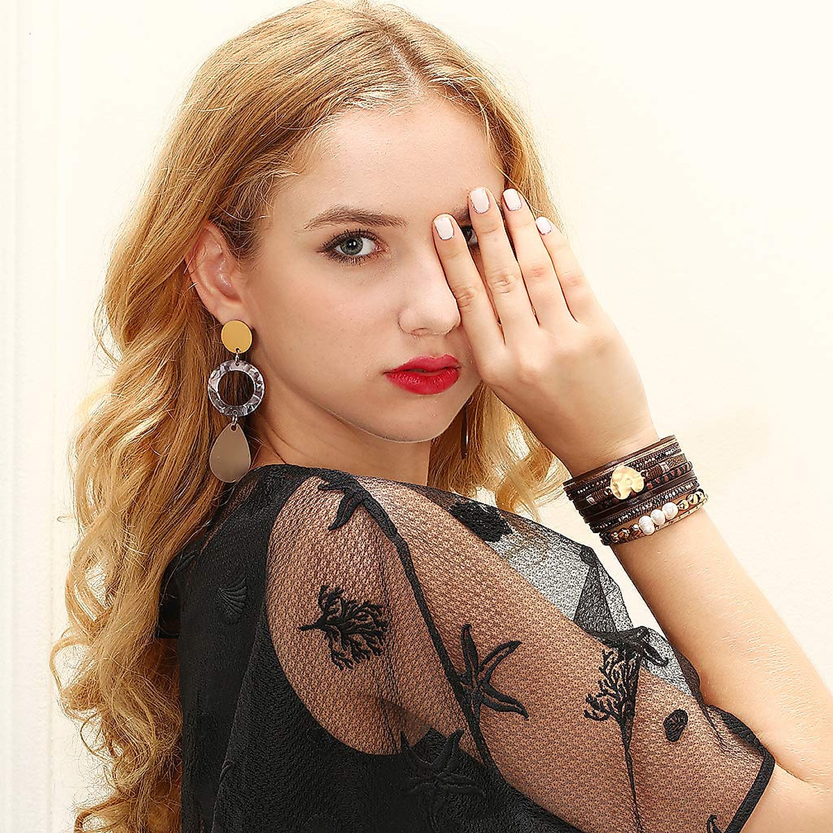 AZORA Leather Cuff Bracelet Multi Strands Brown Wrap Bangle with Pearl Boho Jewelry for Women Gift