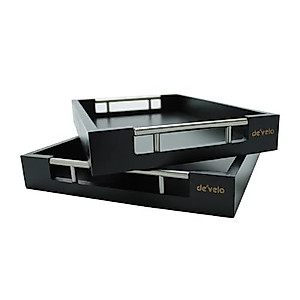 DE'VELO Modern Bamboo Serving Trays with Metal Handles – Set of 2 Nests – Large and Small Trays Set for Food, Ottoman Décor & More – Ideal for Breakfast - Black