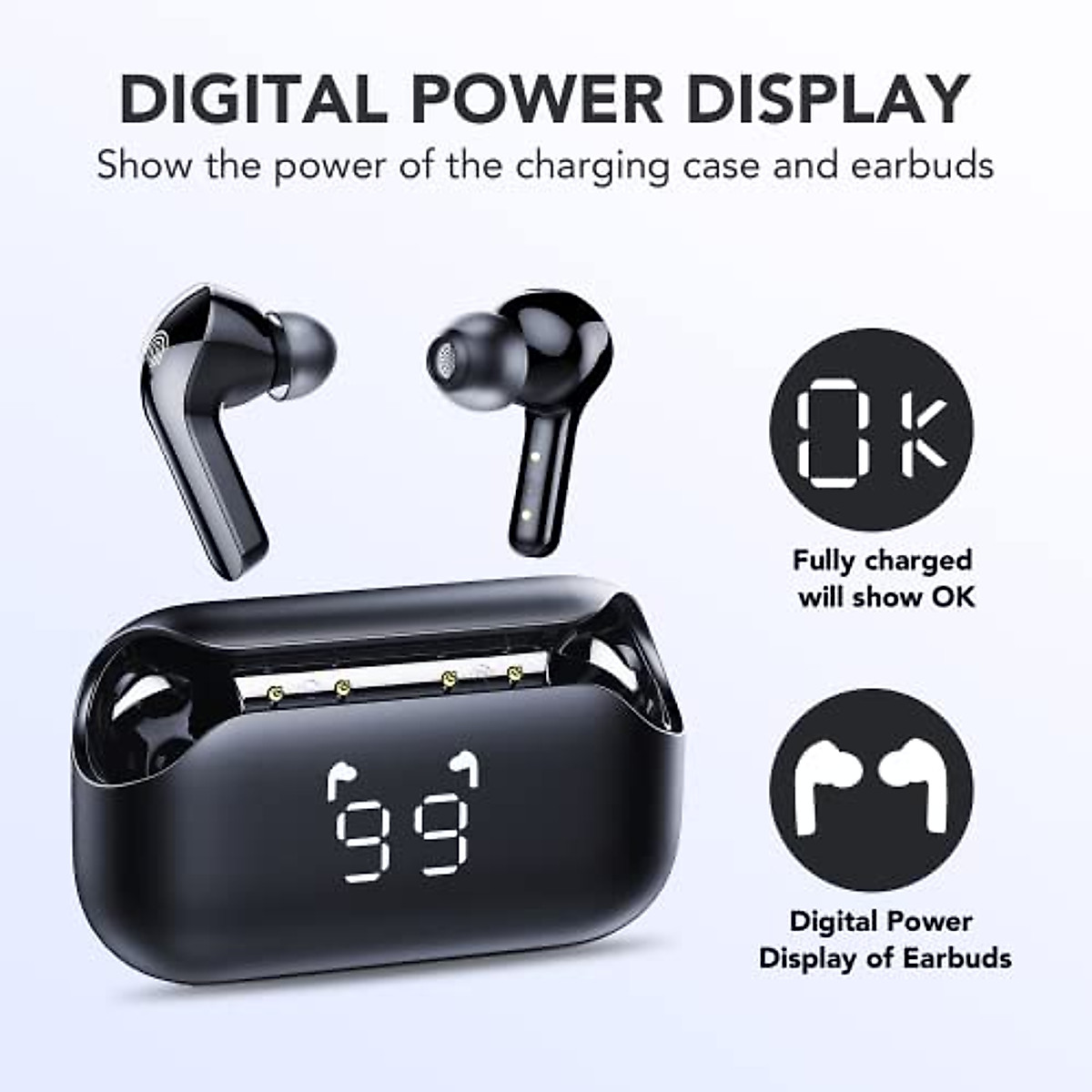 TIMU Bluetooth Headphones 5.3, Bluetooth Earbuds 60H Playtime with LED Power Display, CVC8.0 Clear Calls, Built-in 4 Mics, Deep Bass, USB-C Fast Charge, IPX7 Waterproof, Ear Buds for Sport Work.