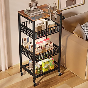 4Tier Roling Cart, Utility Cart, Storage Cart, Kitchen Carts on Wheels with Wood Top, Pull-Out Wire Basket for Fruit, Black