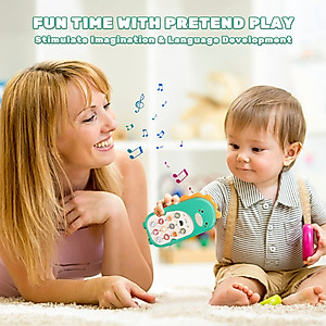 HangLei Toys Baby Dinosaur Cell Phone Toy with Teething Glue, Music & Story & Vibration Modes, 2 Gears Volume, Touch Training Fake Phone for Kids, Preschool Birthday Gift for Girl Boy (Green)