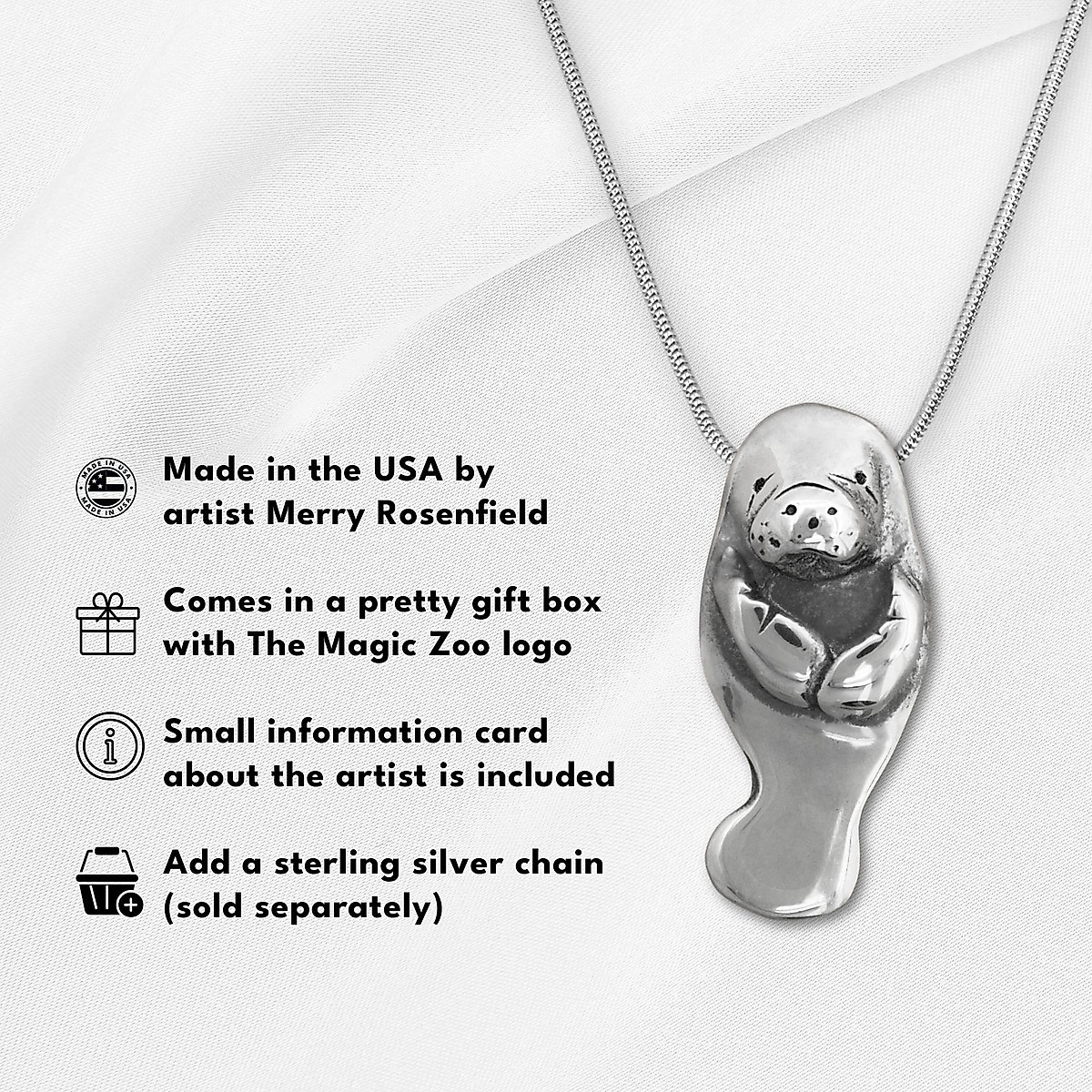 The Magic Zoo Manatee Sterling Silver Pendant – Handcrafted in the USA – Manatee Jewelry for Women