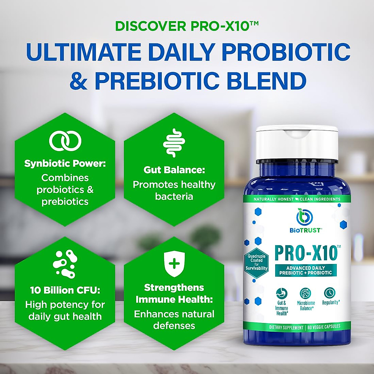 BioTrust Pro-X10 2.0 Probiotic Supplement - Probiotics for Digestive Health with Prebiotics - Immune System Support and GI Health - Free from Gluten, Soy and Dairy, Non GMO - 60 Capsules