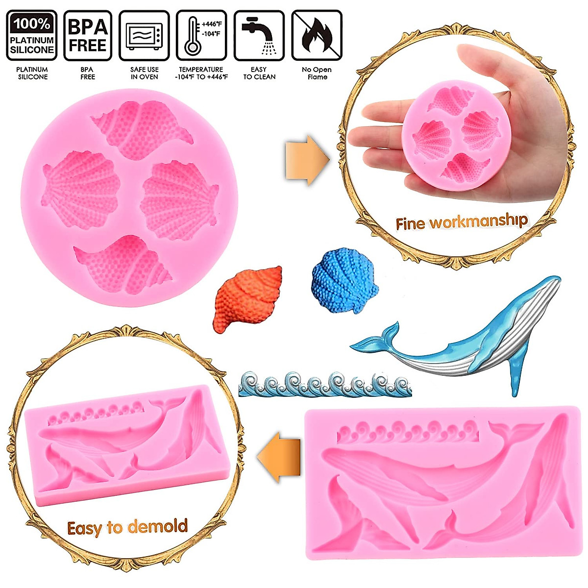 LKDQUTHM Marine Theme Fondant Silicone Molds Seashell Conch Starfish Dolphin Octopus Turtle Chocolate Candy Mold For Cupcake Topper Cake Decorating Gum Paste Polymer Clay Set Of 4