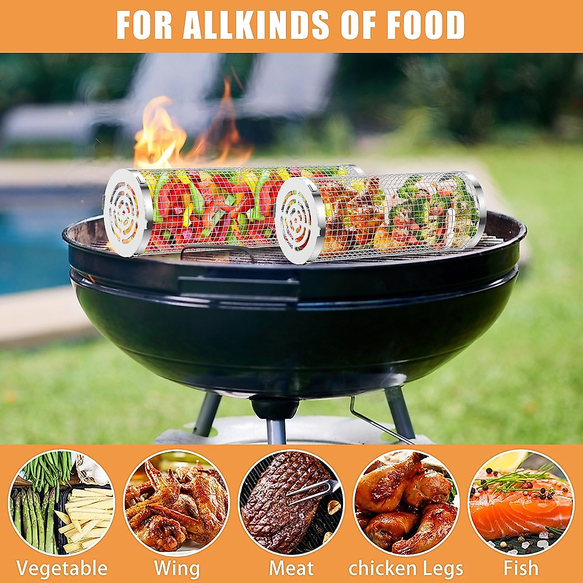 Rolling Grill CART, Stainless Steel BBQ Rolling Grill Basket Round Barbecue Net Tube for Outdoor Camping Picnic, Non-Stick Grill Net Wire Mesh Cylinder for Fish, Vegetables and Meat