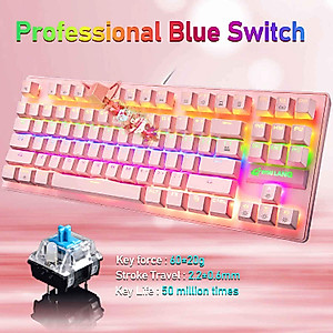 Pink Mechanical Gaming Keyboard Blue Switch Mini 87 Keys Wired Rainbow LED Backlit Keyboard Professional Lightweight Gaming Mouse Gaming Mice Pad for Gamers and Typists