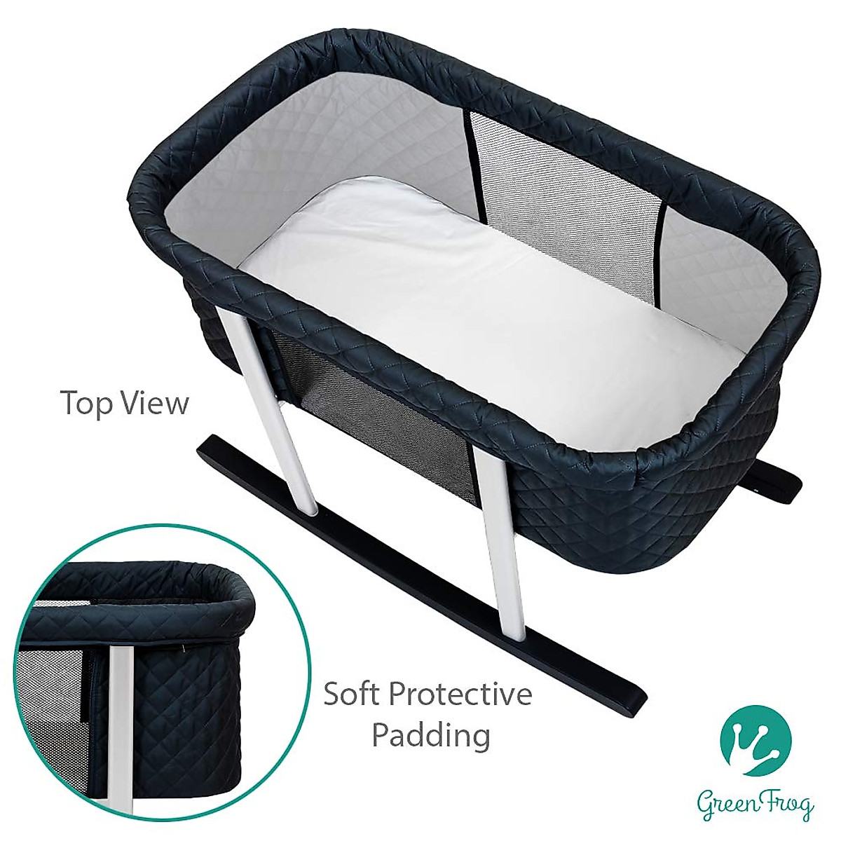 Green Frog Bassinet/Cradle | Gentle Rocking | Mesh Windows | Infant Safe Mattress | Hidden Wheels for Easy Movement | Washable | Lightweight and Transportable (Black Diamond)