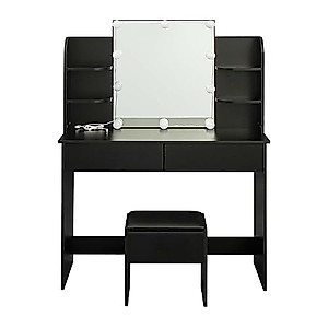 DUNTRKDU Modern Large Vanity Table Set with Lighted Mirror& 10 Lights Bulbs, Makeup Table with 2 Drawers & Cushioned Stool, Storage Shelves, Dressing Table for Bedroom