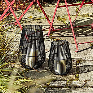 Lights4fun, Inc. Set of 2 Black Metal Wire Battery Operated LED Flameless Candle Lanterns for Indoor Outdoor Use