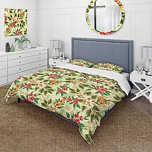 DESIGN ART Designart 'Pink White and Red Flowers and Leaves On Beige Background.' Traditional Duvet Cover Set Full - Queen