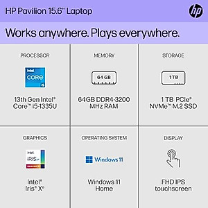 HP 2023 Newest Pavilion Laptop, 15.6" FHD IPS Touchscreen, 13th Gen Intel Core i5-1335U (10 core), 64GB RAM, 1TB SSD, Intel Iris Xe Graphic, Backlit Keyboard, WiFi6, HD Webcam, HDMI, Windows 11 Home