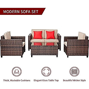 SUNCROWN 4-Piece Outdoor Patio Wicker Furniture Sofa Set, Sectional Conversation Set with Cushions and Tempered Glass Table-Brown